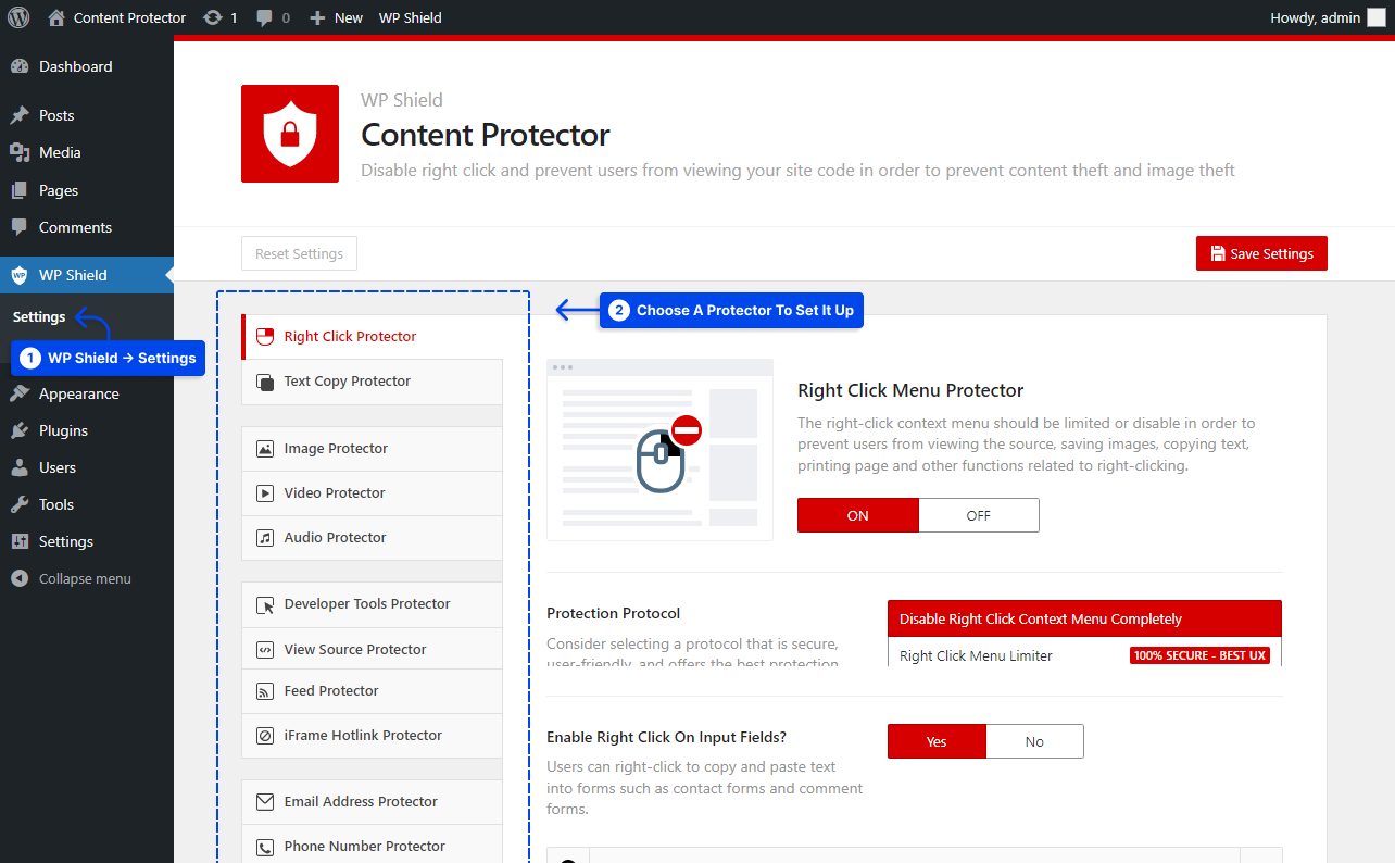 Overview of Content Protector Settings - WP Shield